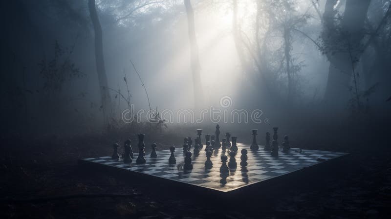Chess Game on a Board in a Misty Forest with Light Streaming through ...