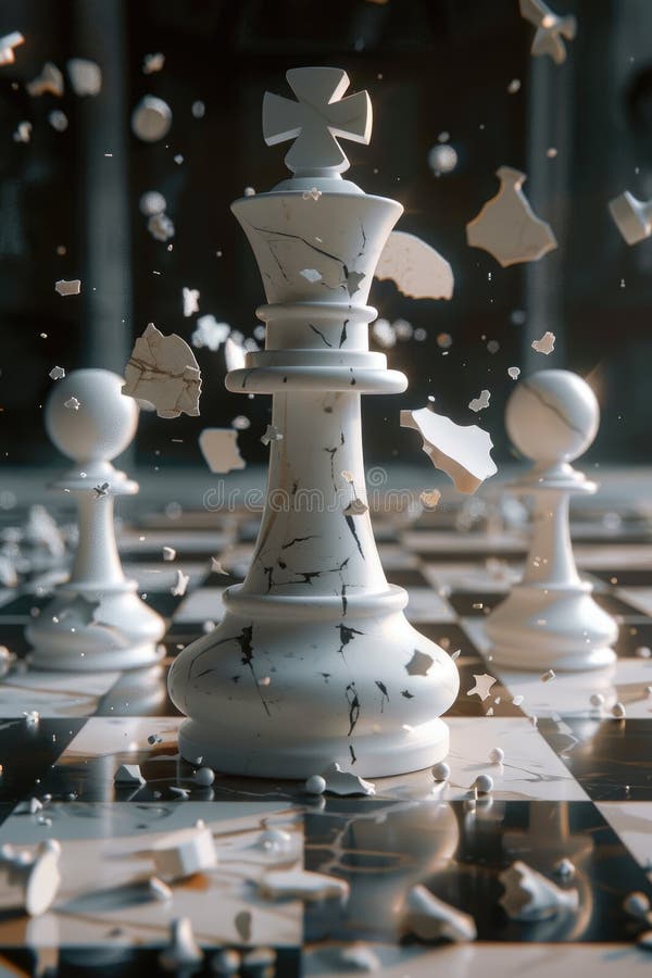 A Chess Game in Disarray with Broken Chess Pieces Scattered Across the ...
