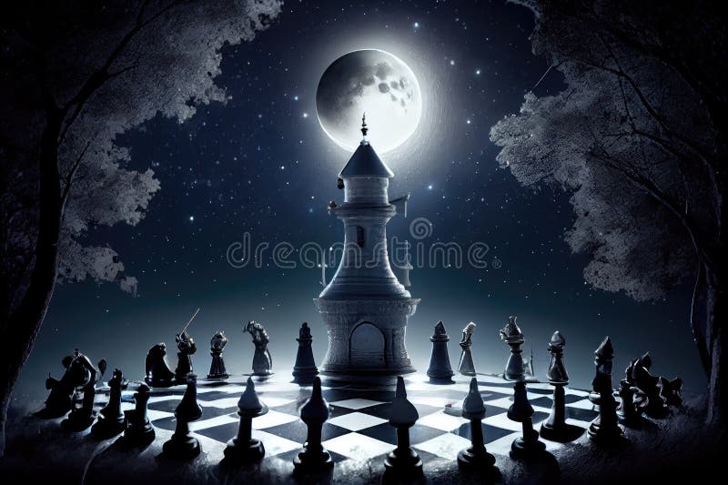 Chess Game in the Moonlight, with Full Moon and Stars Shining Above ...
