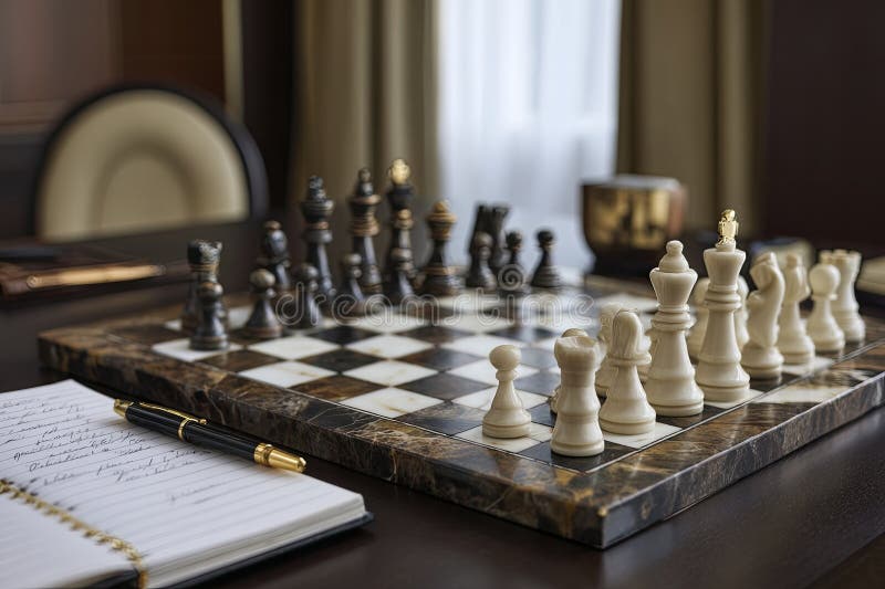 Chess Game in Progress with Pen and Notebook Stock Illustration ...