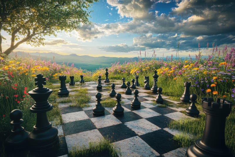Chess Game Set in a Vibrant Meadow Under a Bright Sky during Sunset ...