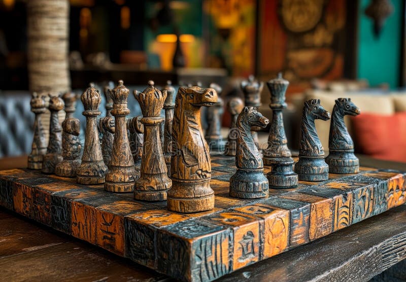 A Chess Game on the Table Includes Pieces Designed As African Wild ...