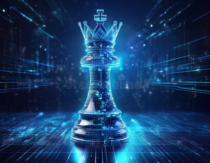 Chess King with Blurred Binary Data and Computer Network Background ...