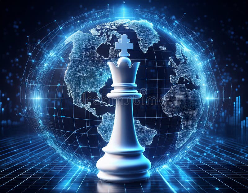Chess King Overlapping Holographic Globe with Data Streams and Digital ...