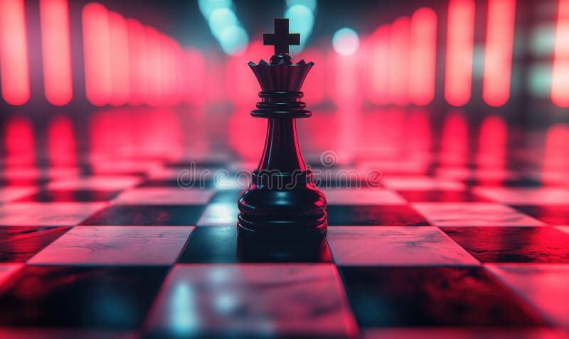 Chess King Piece in Dramatic Lighting on Checkered Board with Neon ...