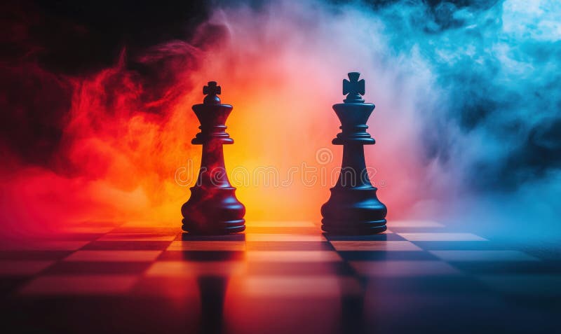 Chess Kings in Dramatic Smoke Lighting on Board with Red and Blue ...