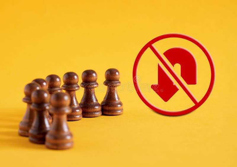 Chess Pawns in a Queue Next To No Turning Back Sign Stock Photo - Image ...