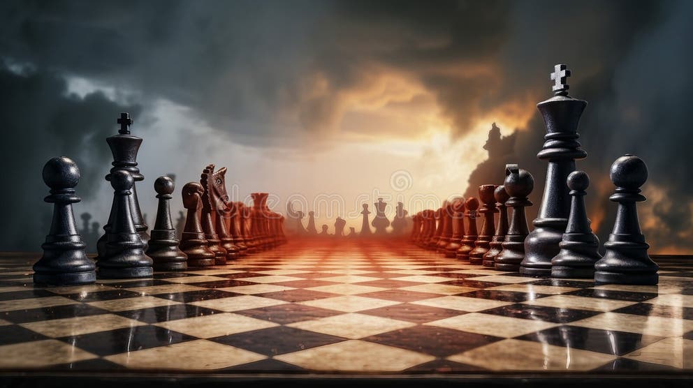 Chess Pieces Aligned on a Checkered Board with a Dramatic Sunset and ...