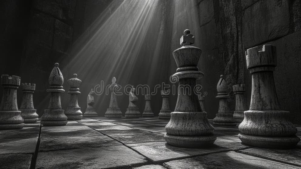 Chess Pieces Arranged on a Chessboard Captured in a Black and White ...