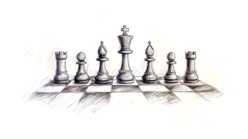 Chess Pieces Standing on a Chessboard, Pencil Sketch Depicting Strategy ...