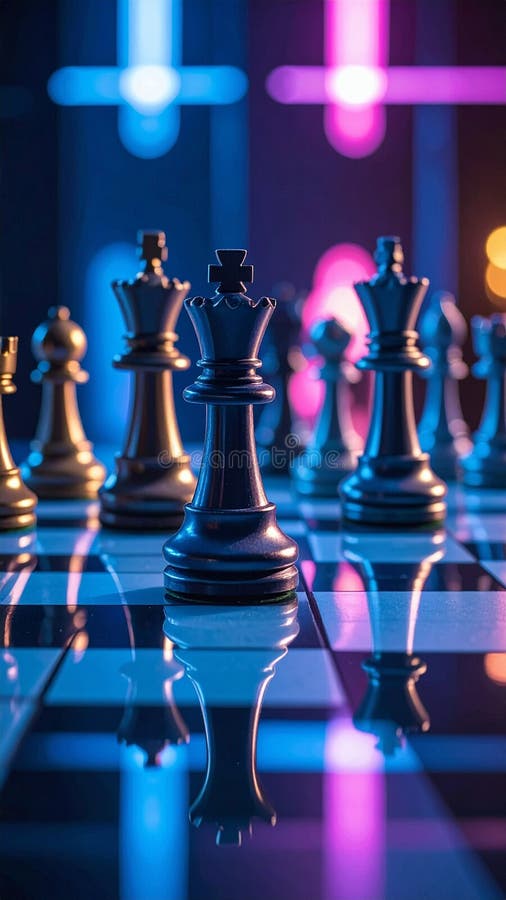 Chess Pieces Arranged Conceptually on a Reflective Board Under Blue and ...