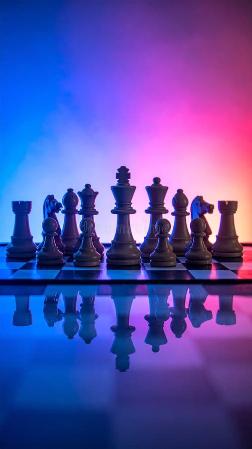 Chess Pieces Arranged Conceptually on a Reflective Board Under Blue and ...