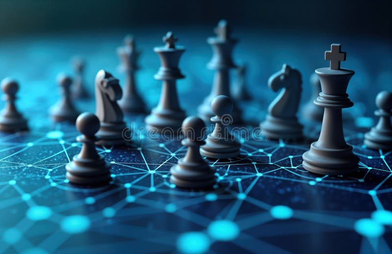 Chess Pieces Arranged on Network Board. Futuristic Tech Theme. Strategy ...