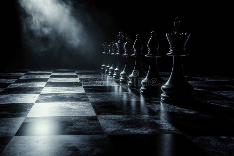 Chess Pieces Lined Up on a Dark Board with Dramatic Lighting ...