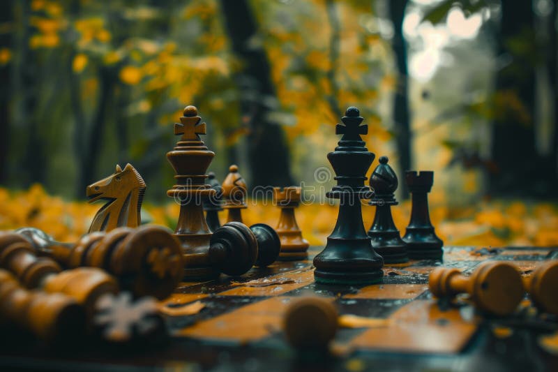 Chess Pieces in an Autumn Park among Yellow Leaves Stock Illustration ...