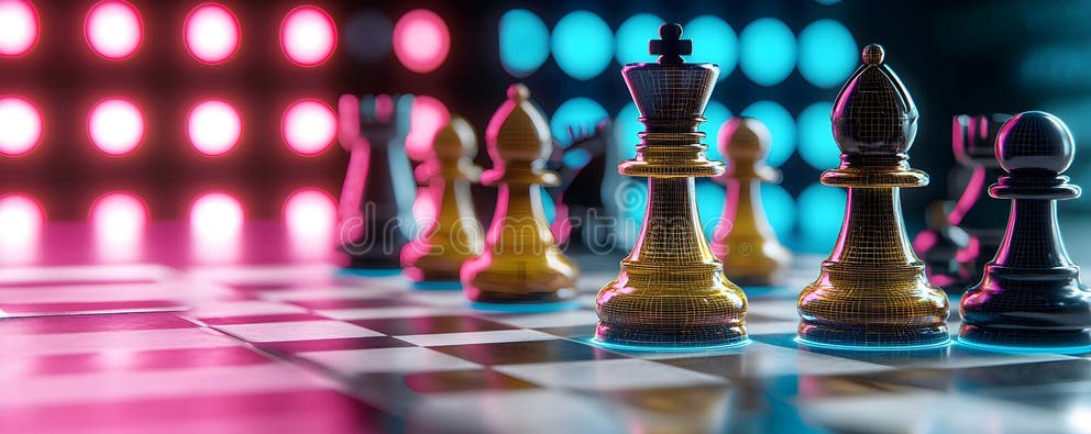 Chess Pieces on Board with Dynamic Background Lights Stock Illustration ...