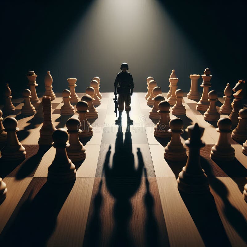 Chess Pieces on a Board with Soldier Figure in Spotlight Stock ...