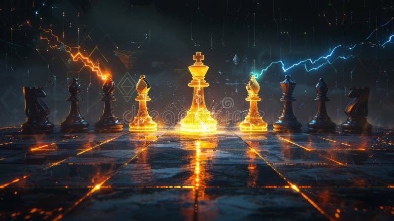 Chess Pieces on a Board with a Stormy Backdrop. Blue and Orange Tones ...