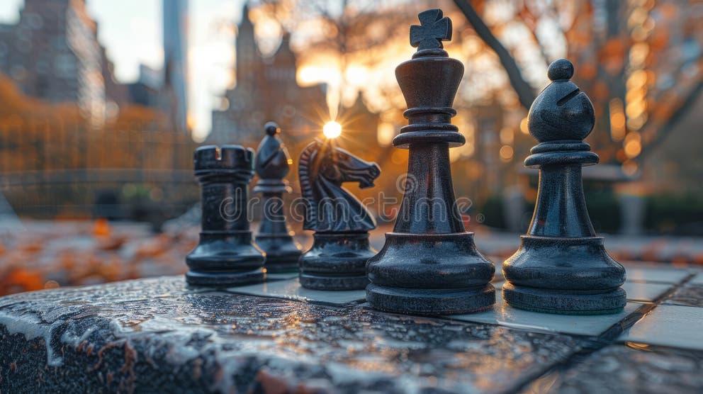 Chess Pieces on a Board at Sunset in a Park. Stock Image - Image of ...