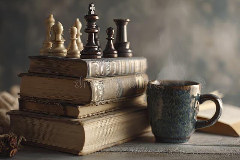 Chess Pieces on Books with a Cup of Hot Drink Stock Illustration ...