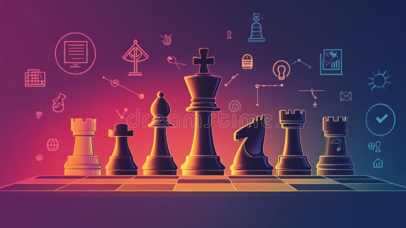 Chess Pieces with Business-related Icons and Data Elements. Abstract ...