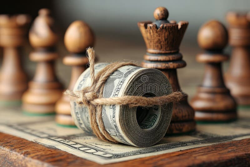 Chess Pieces and Cash Rolled Up are Arranged on a Chess Board Set ...