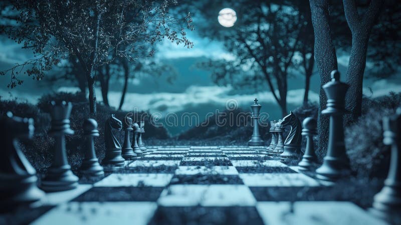 Chess Pieces on a Chessboard in a Forest at Night with the Moon in the ...