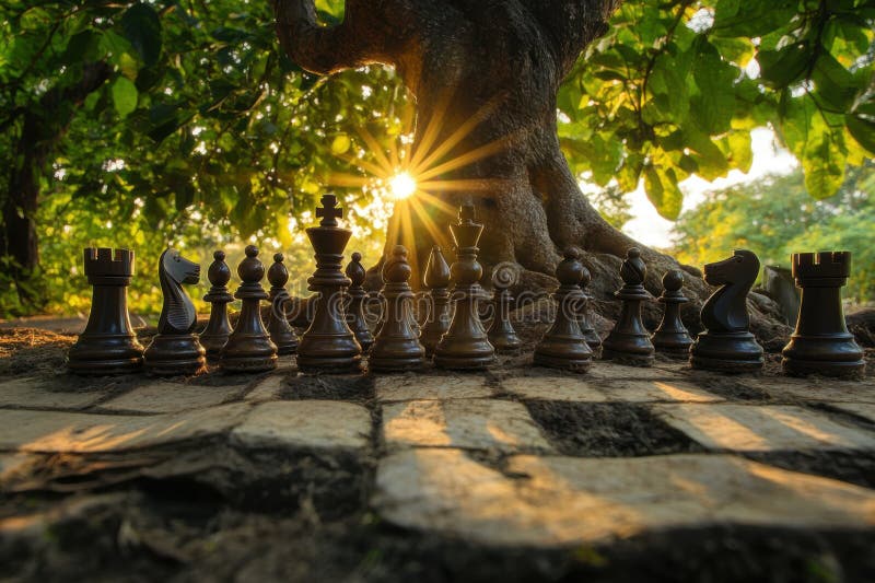 Chess Pieces on a Chessboard Under a Tree with Sun Rays Shining through ...