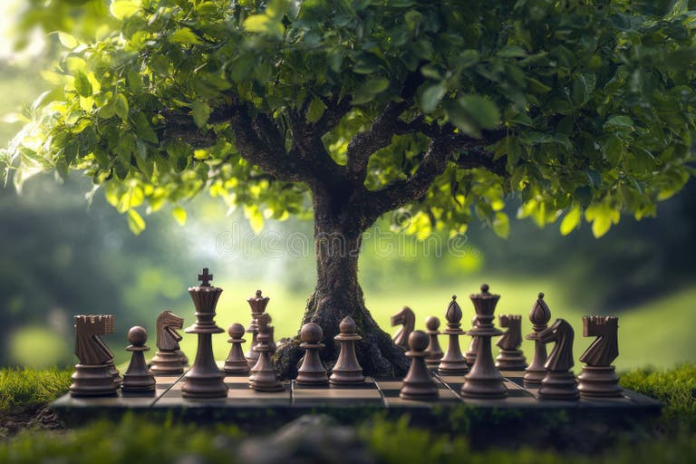 Chess Pieces on a Chessboard Under a Tree with Sun Rays Shining through ...