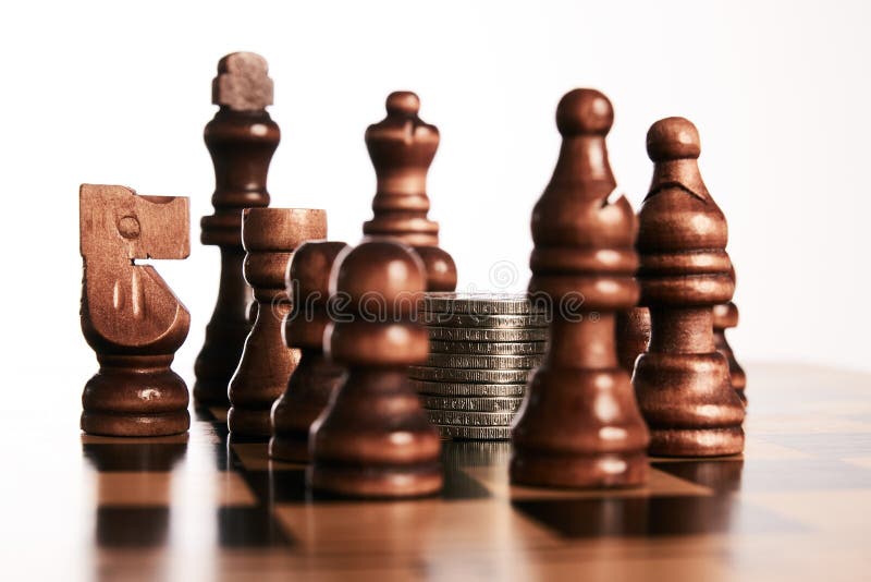 Chess Pieces with Coins Stack on the Chessboard Stock Image - Image of ...