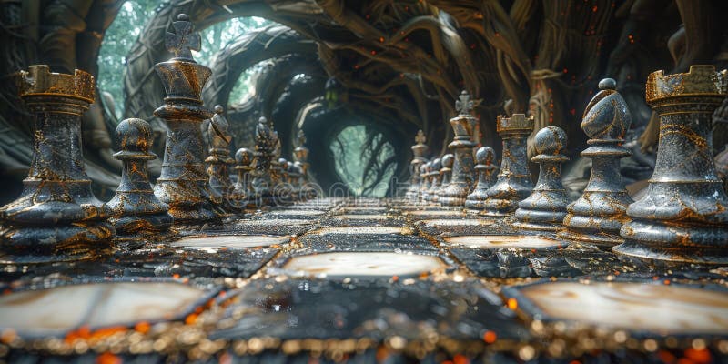 Chess Pieces Displayed on a Board Surrounded by Trees in a Forest Stock ...
