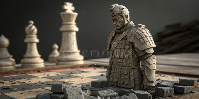 Chess Pieces in a Dramatic Battle Scene Featuring a Knight in Armor ...