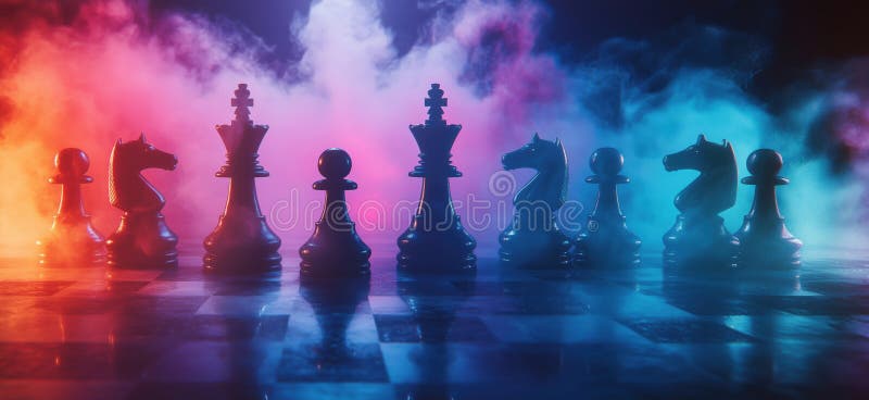 Chess Pieces in Dramatic Lighting with Colorful Smoke Background Stock ...