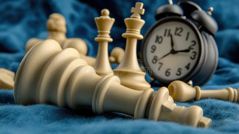 Chess Pieces Fallen, Clock Ticking, Blue Fabric Background, Strategy ...