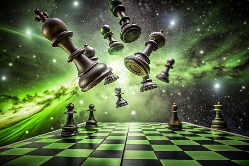 Chess Pieces Falling in Space, Cosmic Chess Game Stock Illustration ...