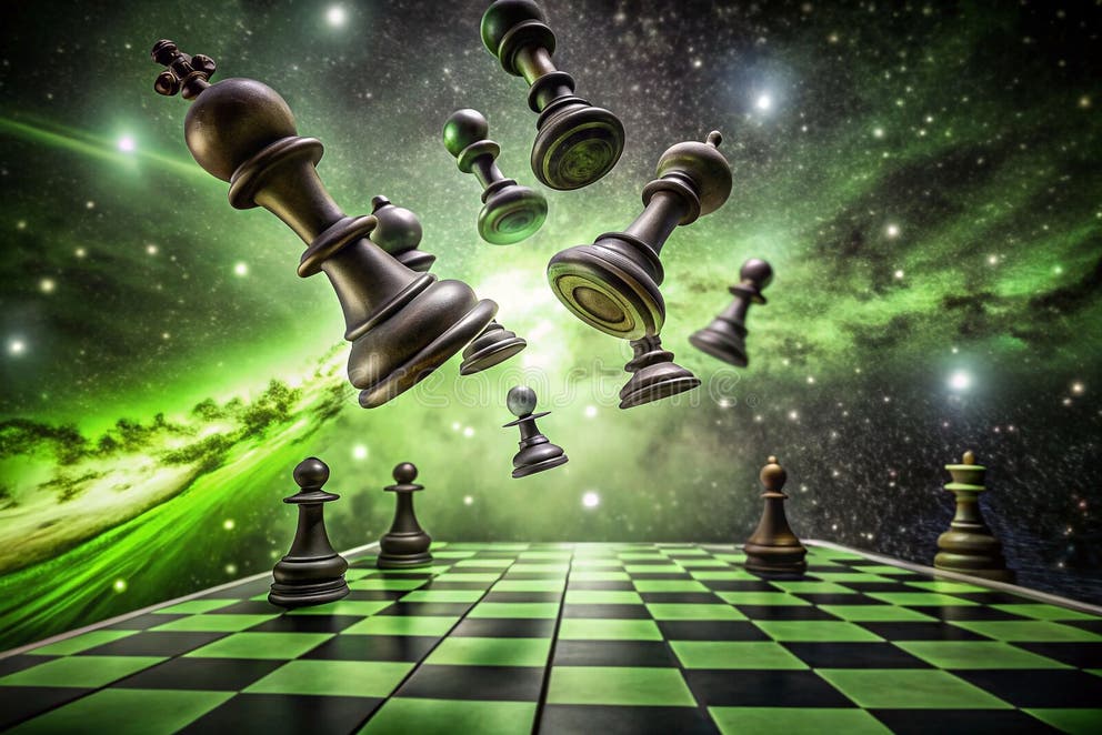 Chess Pieces Falling in Space, Cosmic Chess Game Stock Illustration ...