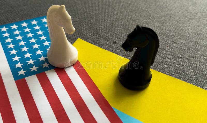Chess Pieces on the Flags of the United States and Ukraine Stock Photo ...
