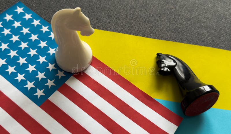 Chess Pieces on the Flags of the United States and Ukraine Stock Image ...
