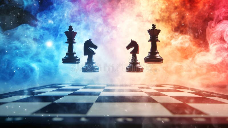 Chess Pieces Floating Over Board with Dramatic Lighting and Smoke ...