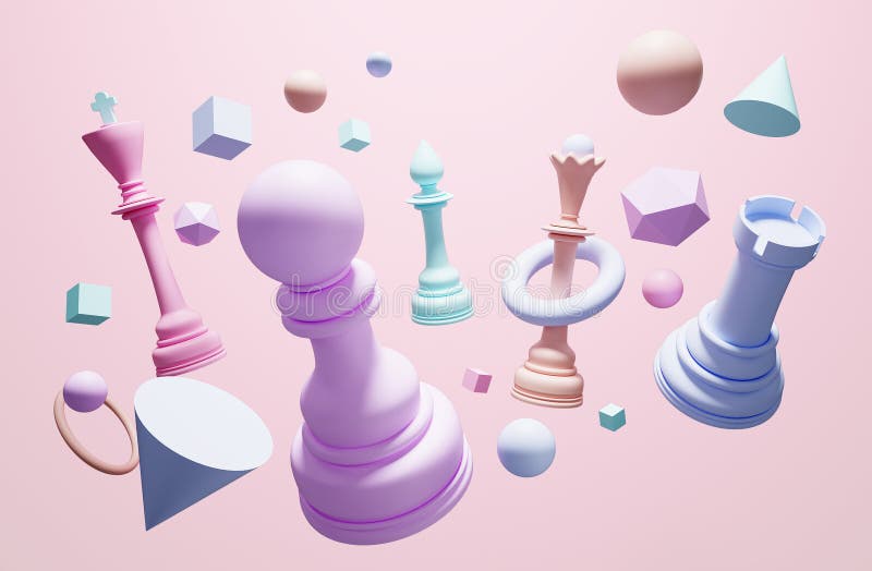 Chess Pieces and Geometric Figures on Pink Pastel Background. 3d ...