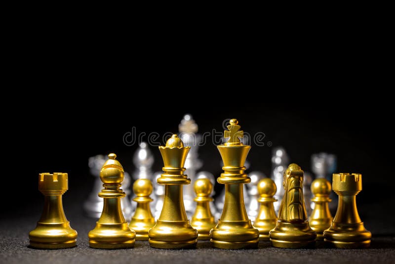Chess Pieces in Gold on a Black Background Stock Image - Image of play ...