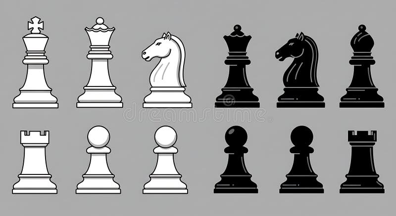Chess Pieces on a Gray Background, Featuring White and Black Sets. Each ...