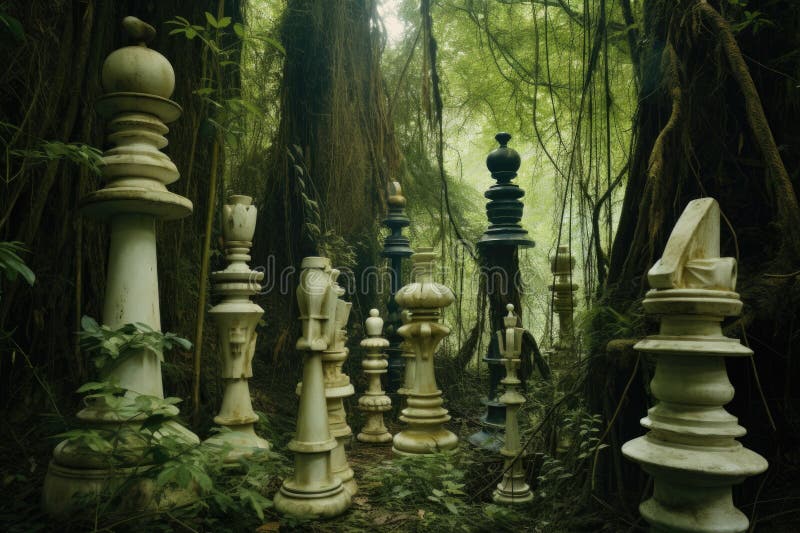 Chess Pieces Growing Out from Tree Branches in a Lush Forest Stock ...