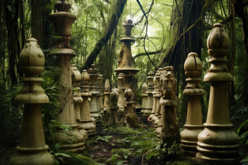 Chess Pieces Growing Out from Tree Branches in a Lush Forest Stock ...