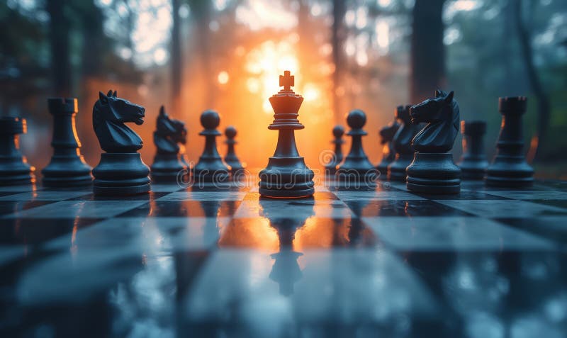 Chess Pieces Illuminated by Sunset in Misty Forest Setting with ...