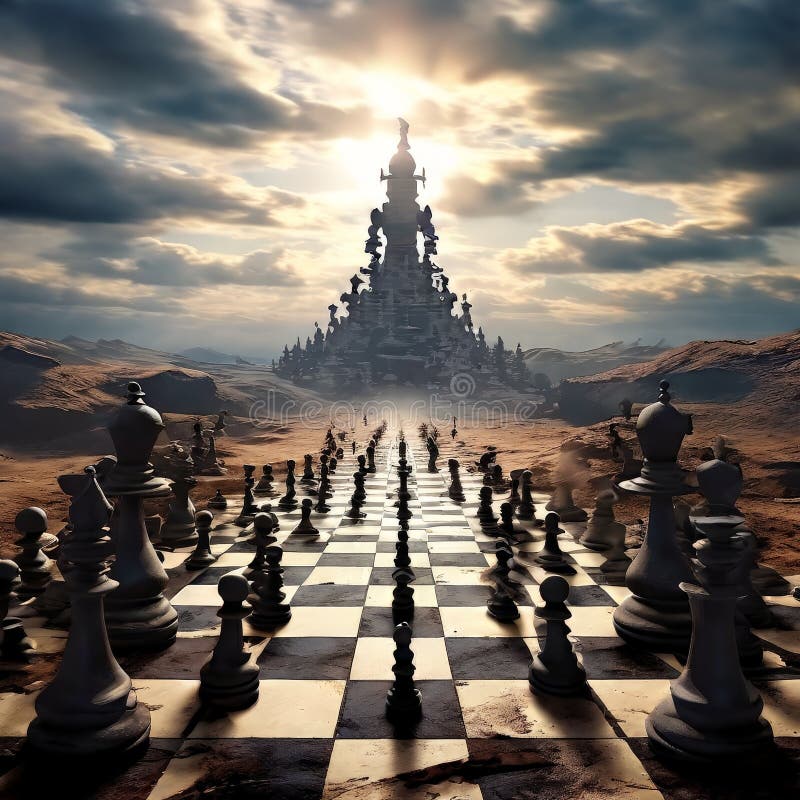 Chess Pieces Leading To a Towering Structure Under Dramatic Sky Stock ...
