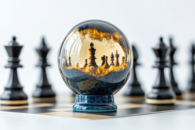 Chess Pieces Reflected in a Glass Orb on a Checkerboard Surface with a ...