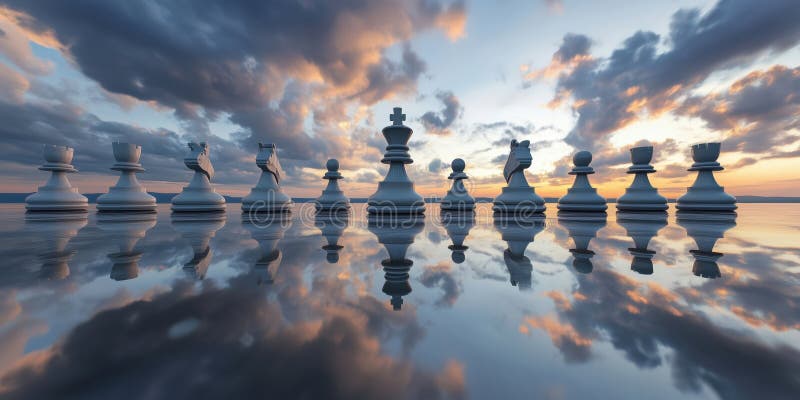 Chess Pieces Reflection on Water at Sunset, Dramatic Clouds and Serene ...