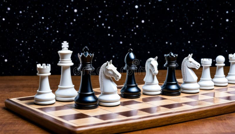 Chess Pieces Set on Wooden Board Under Starry Sky Backdrop Stock Image ...