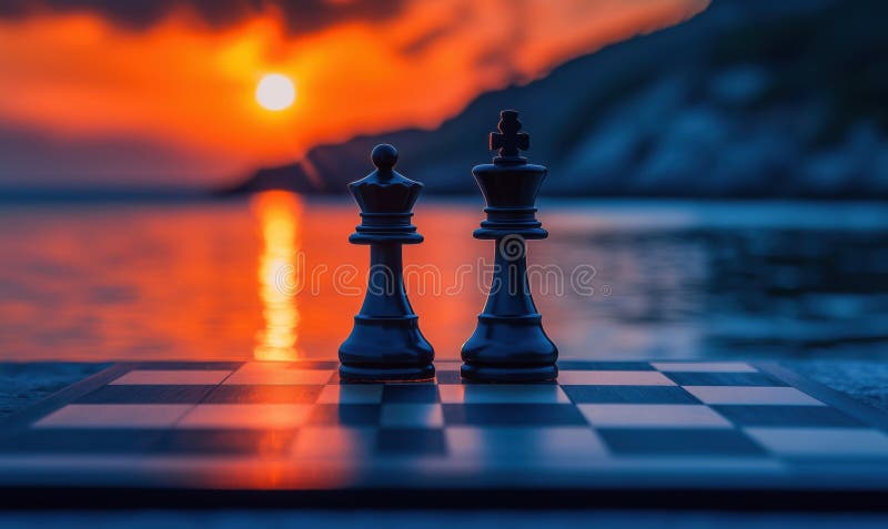 Chess Pieces Silhouette Against Sunset Over Water Creating Dramatic ...